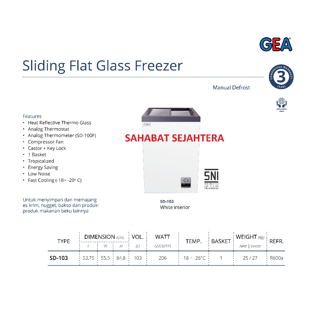 Jual GEA Sliding Flat Chest Freezer SD-103 Freezer Sliding Kaca ...