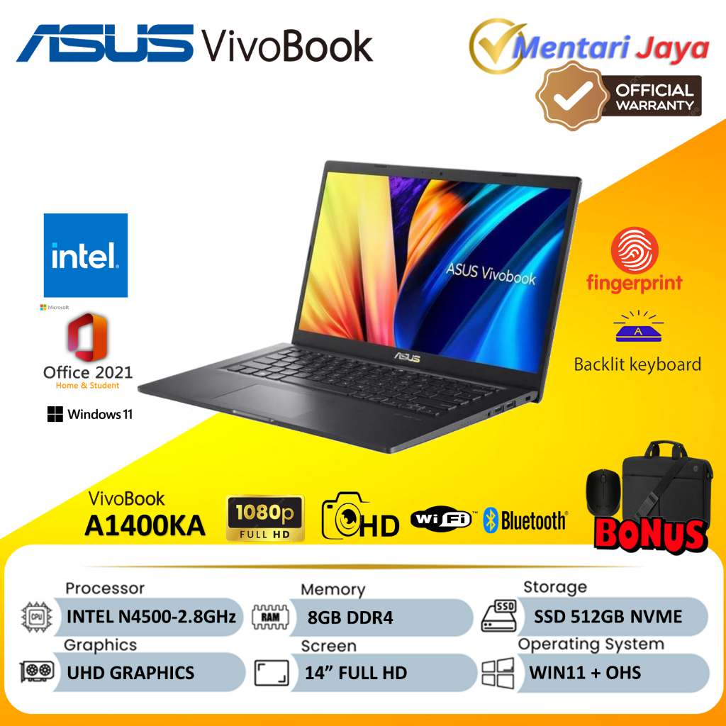 Jual Laptop ASUS Vivobook 14 A1400KA FHD4512 Intel N4500 8GB 512GB SSD ...