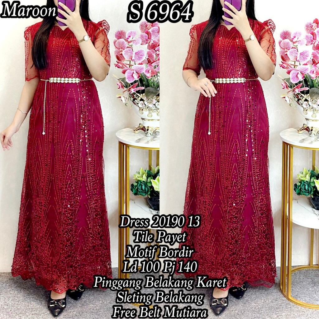 Jual 6964 Longdress Tile Full Payet Gaun Pesta Wanita Free Belt Mutiara ...
