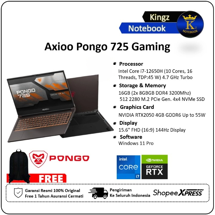 Jual Axioo Pongo 725 RTX2050 Core i7 12650H 16GB 1TB SSD Win11 15,6 ...