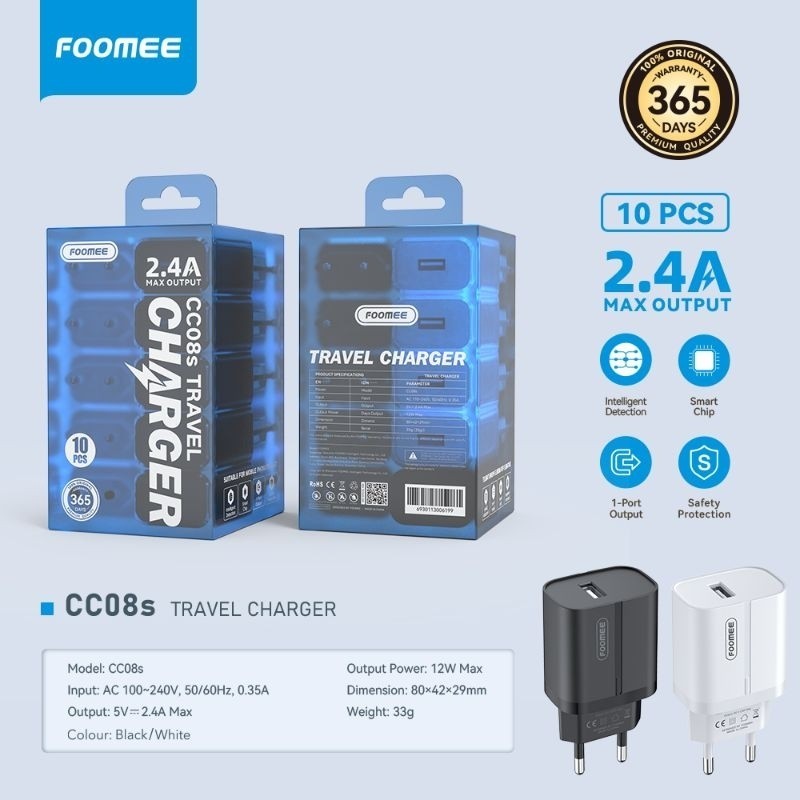 Jual FOOMEE CC08s/CA12/CQ08 TRAVEL CHARGER(1BOX ISI 10PCS) 1 USB 2.4A/3A 12W/18W ORIGINAL ...