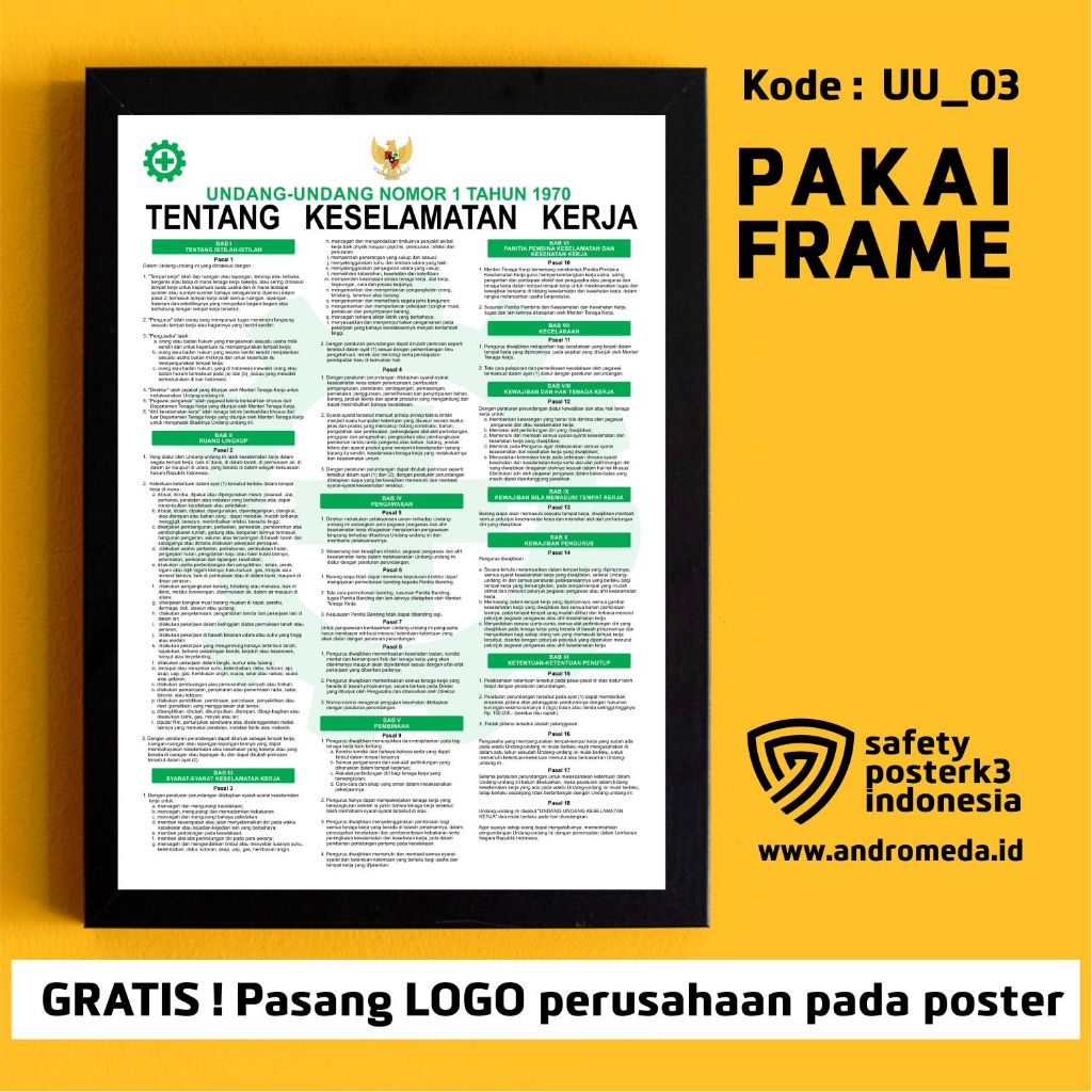 Jual Safety Poster K3 UU No 1 Tahun 1970 Tentang Keselamatan Kerja ...