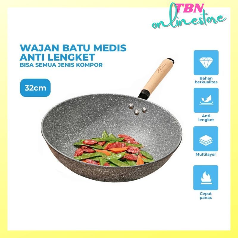 Jual Wajan Penggorengan Batu Medis 33 cm Gagang Kayu Wok Pan Teflon ...