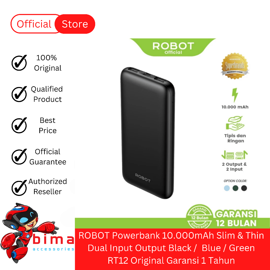 Jual ROBOT Powerbank 10.000mAh Slim & Thin Dual Input Output Power Bank ...