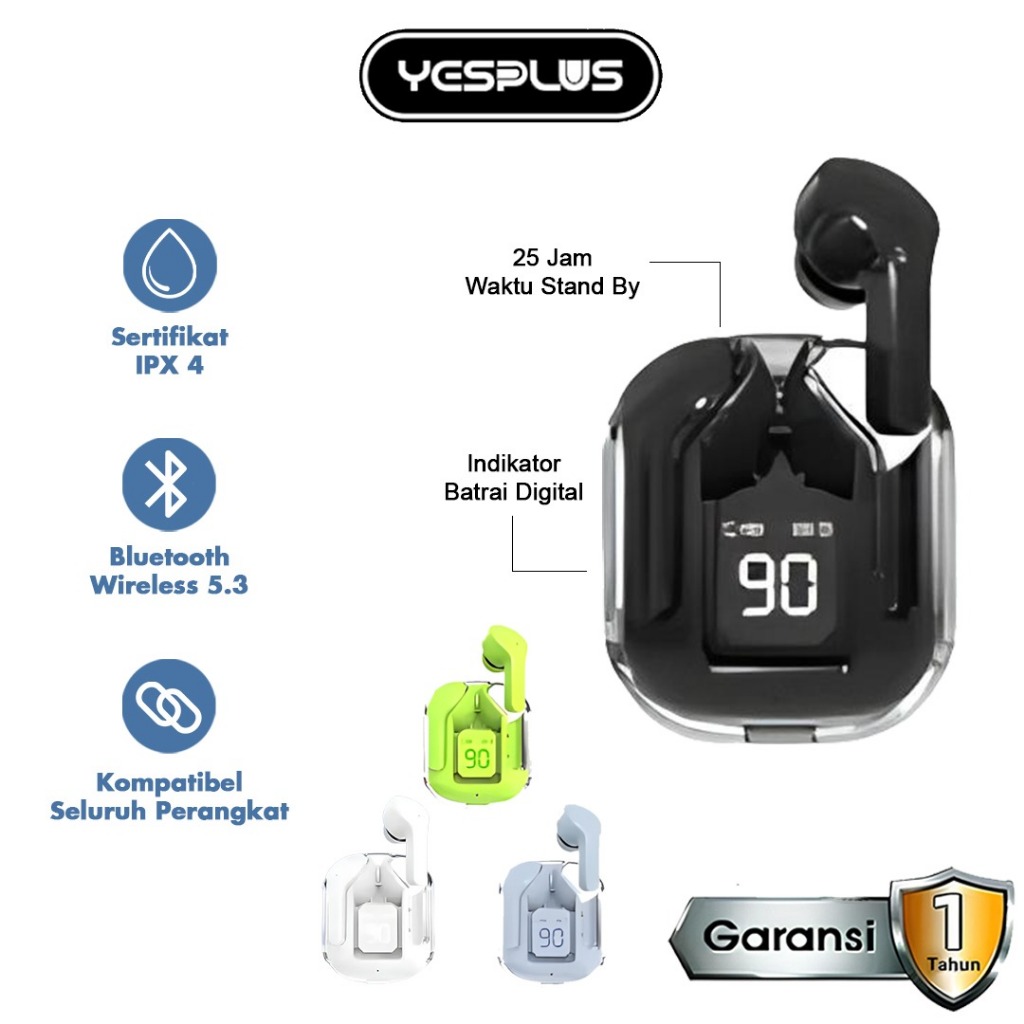 Jual Headset Bluetooth YESPLUS TWS AIR31/AIR39 Wirelles LED Display Tranparan Hifi Sound ...