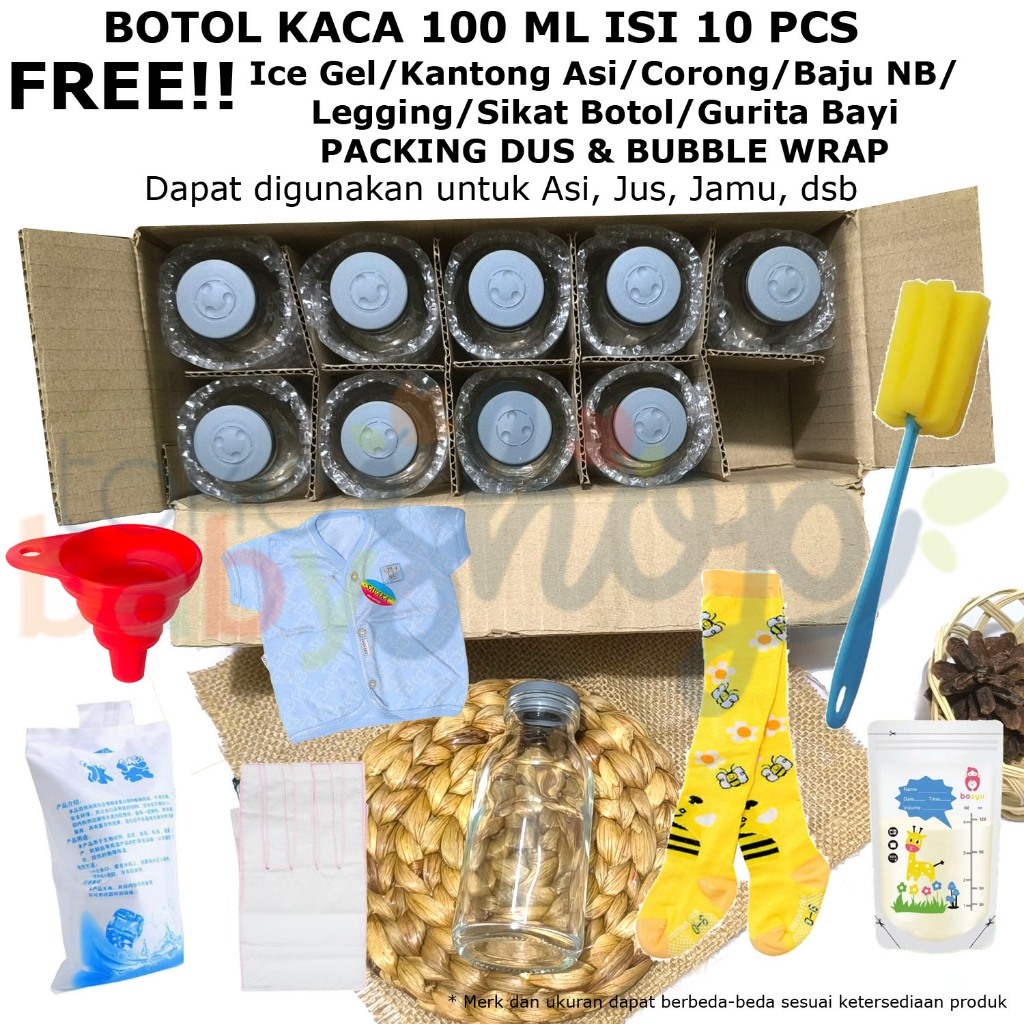 Jual Botol Asi Kaca 100 ML isi 10 PCS FREE Baju / Sikat Botol / Ice Gel ...