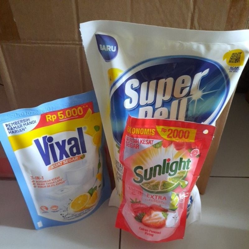 Jual 1paket Super pell 770ml Sunlight 80ml Vixal 180ml Obat lantai porselen cuci piring | Shopee ...