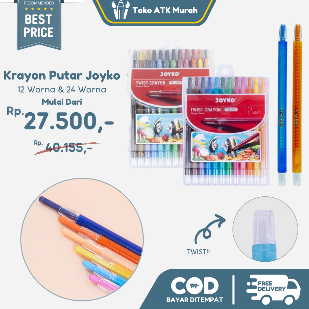 Jual Krayon Putar Joyko / Twist Screw Crayon 12 Warna TWCR 12S - 24 ...