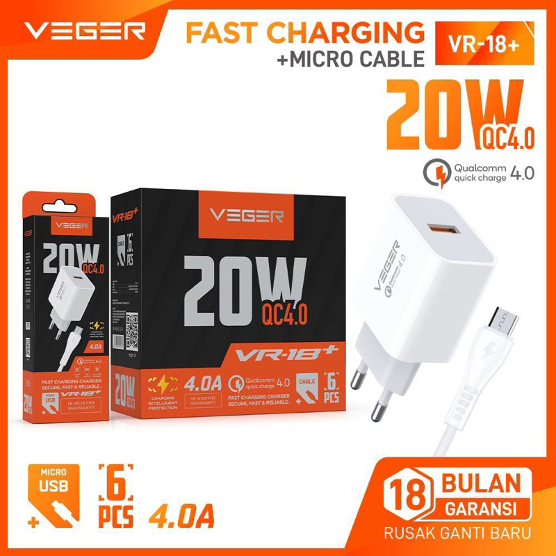 Jual Charger VEGER 20W VR18+ Qualcomm quick charger 3.0A 1port with TYPE C & Micro kabel ...