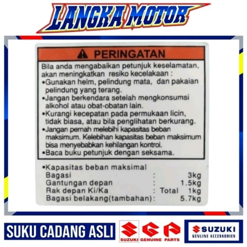 Jual ORI SGP Label Stiker PERINGATAN dan KAPASITAS Suzuki Nex 110 Lets ...