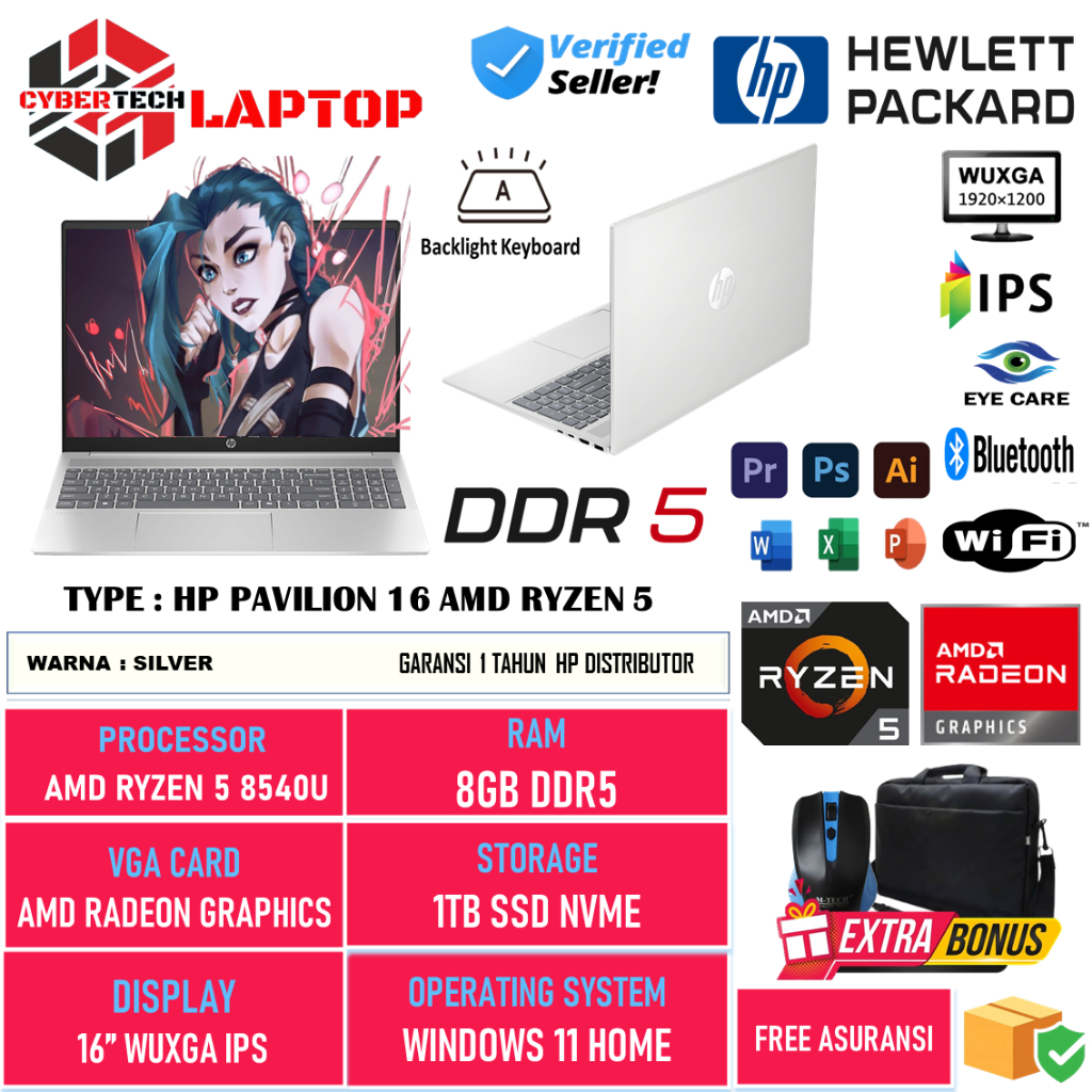 Jual Laptop HP Pavilion 16 Amd Ryzen 5 8540U RAM 8GB DDR5 SSD 1TB 16 Inch WUXGA IPS Backlit ...