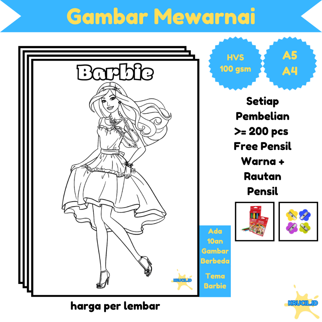 Jual Gambar Mewarnai Boneka Barbie Anak Cewek PAUD TK SD Kertas HVS 100 ...