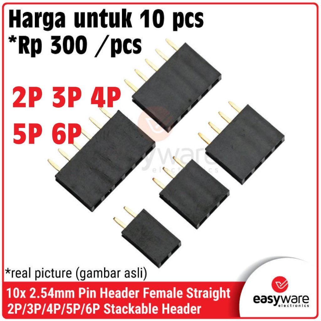 Jual 10x 2.54mm Pin Header Female 1x2P/3P/4P/5P/6P Stackable Header 2 ...