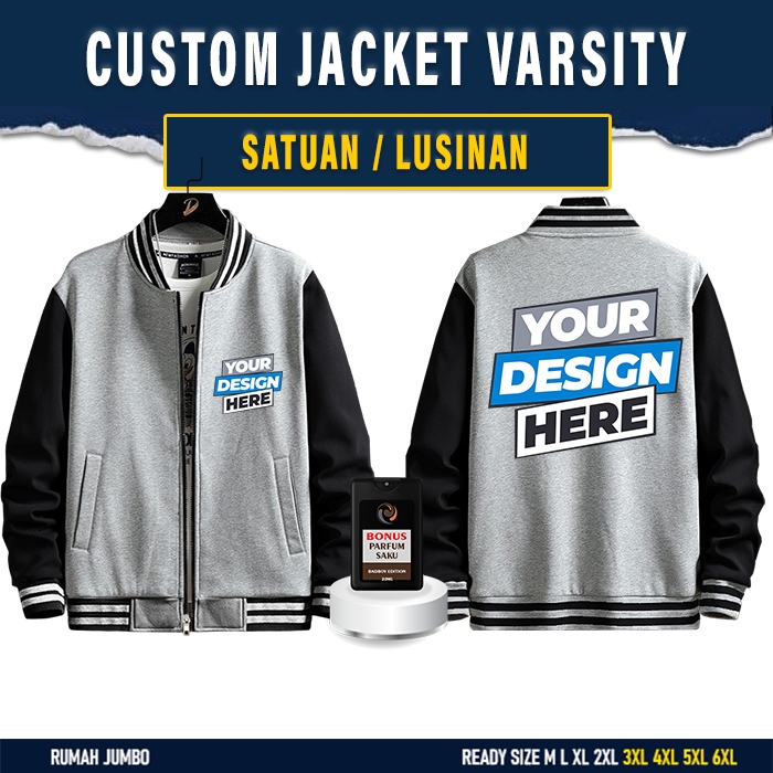 Jual Jaket Varsity Custom sablon satuan Bomber Kombinasi ABU MUDA HITAM ...