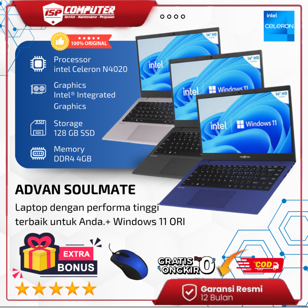 Jual Jual Laptop ADVAN Soulmate Celeron N4020 4GB 128GB 256GB 14" W1 ...