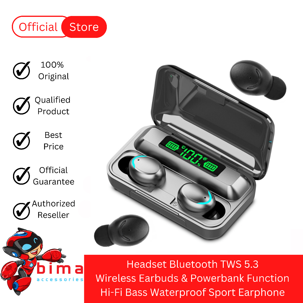 Jual Headset Bluetooth TWS F9 Sport Wireless Earbuds 5.0 & Powerbank ...