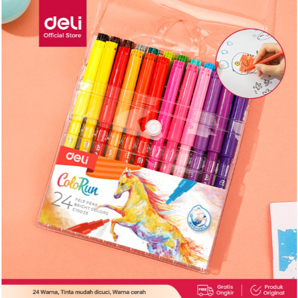 Jual Deli - Spidol Felt Pen 24 Warna Colorun Washable 1.0 mm - C10023 ...