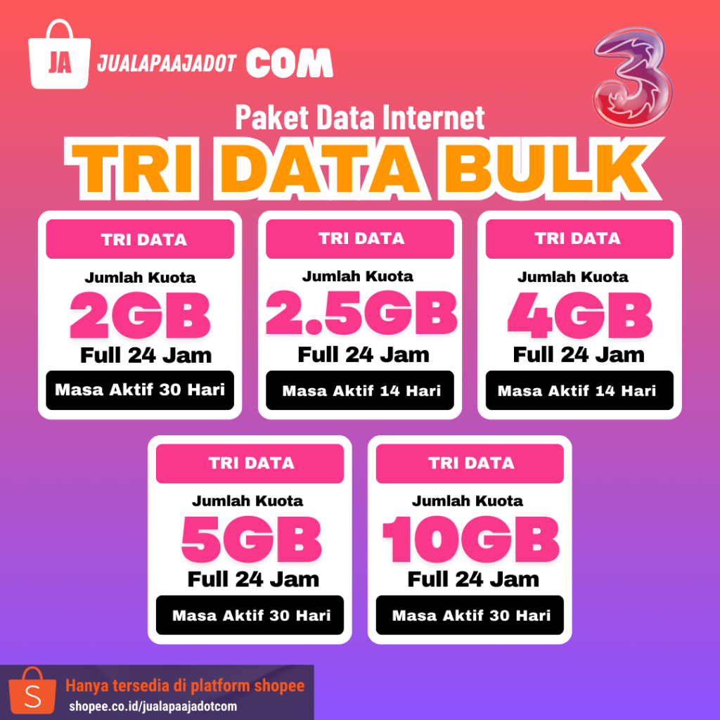 Jual PAKET DATA TRI DATA BULK 2 GB-10 GB | Proses cepat 10 menit ...
