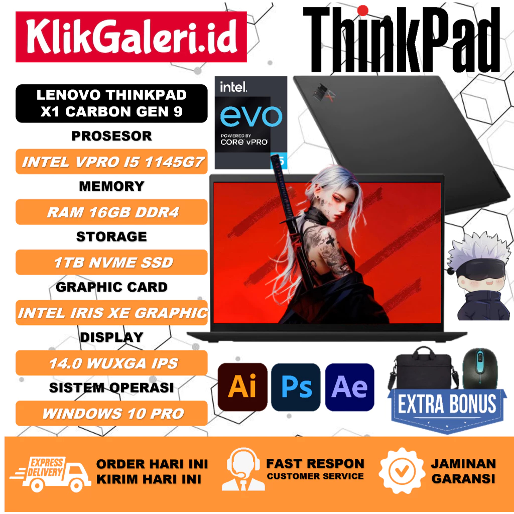 Jual Lenovo Thinkpad X1 Carbon Gen 9 Intel Evo VPro i5 1145G7 16GB 1TB SSD WUXGA IPS Backlit ...