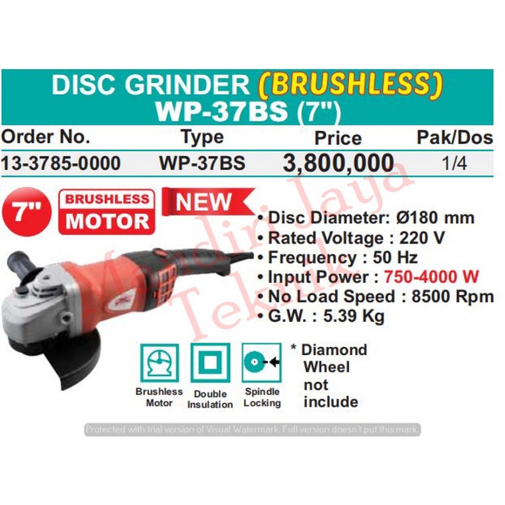 Jual Mesin Gerinda 7 Inch 180mm Brushless Motor WP37BS WIPRO | Shopee ...