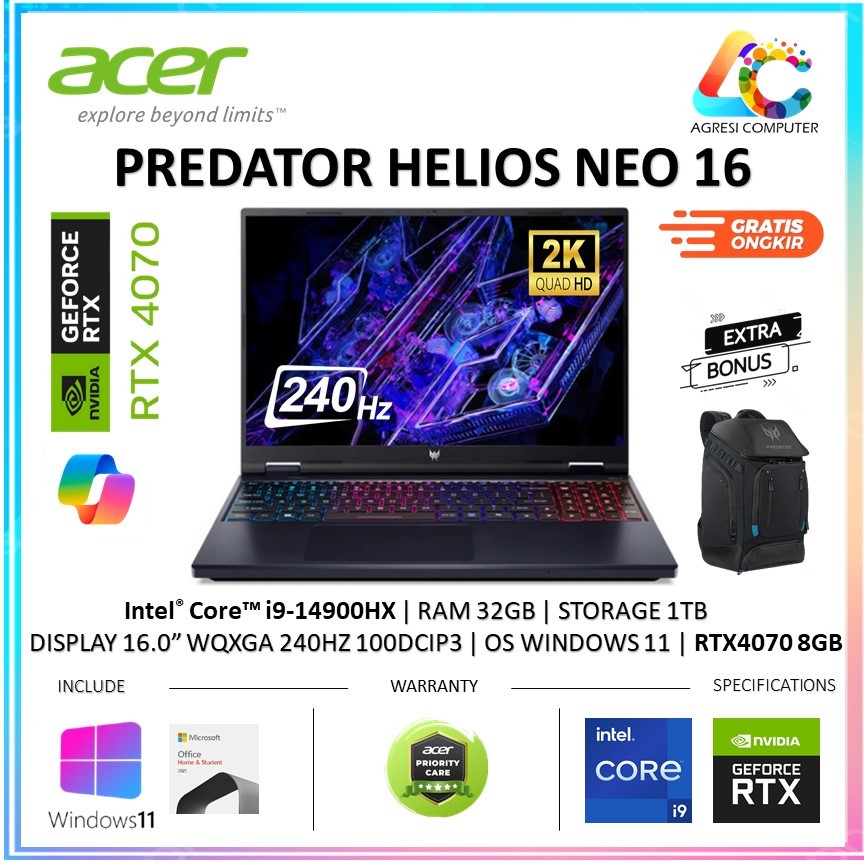 Jual Acer Predator Helios Neo 16 i9-14900HX RTX 4070 RAM 32GB 1TB SSD ...