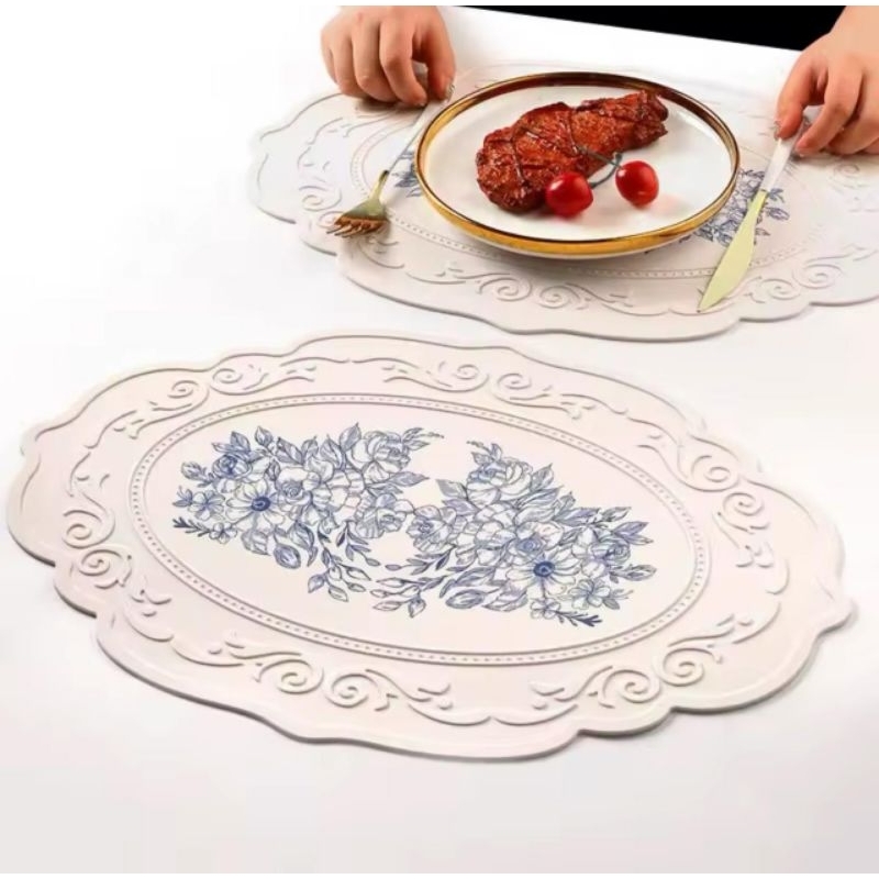 Jual Placemate Alas Piring Makan Putih Bunga Biru Aesthetic Placemat ...