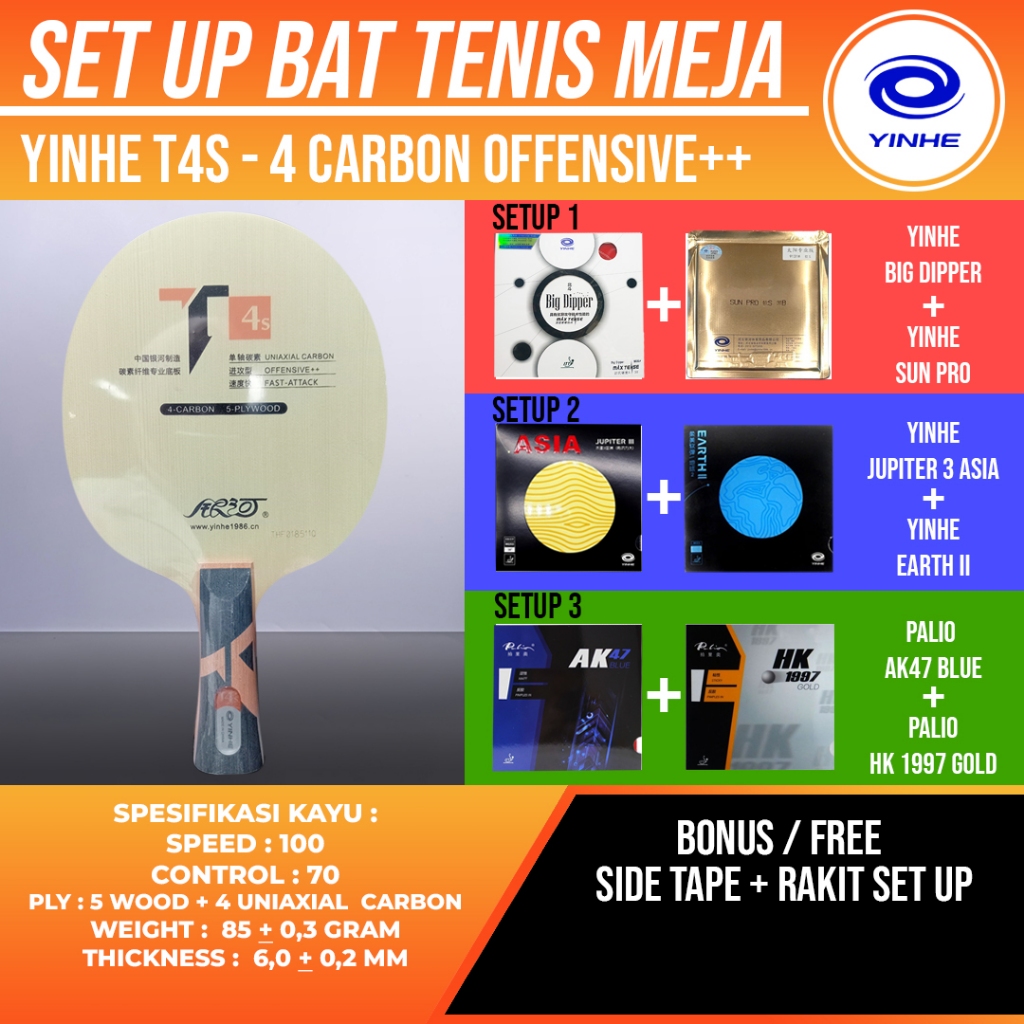 Jual Paket Bat Pingpong Rakitan Yinhe T4S Offensive++ 4 Ply Carbon ...