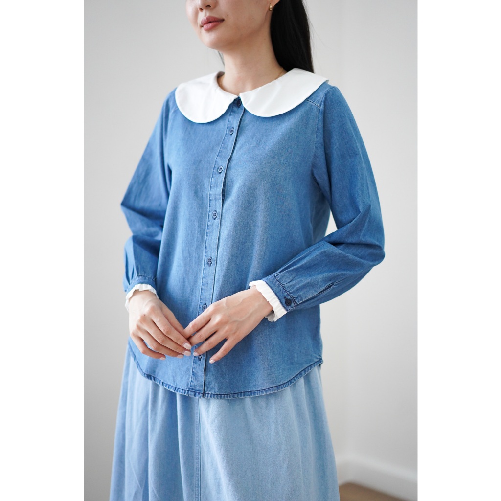 Jual ULTRAVIOLET Colorblock Denim Shirt 172 (2 warna ) - Atasan Denim ...