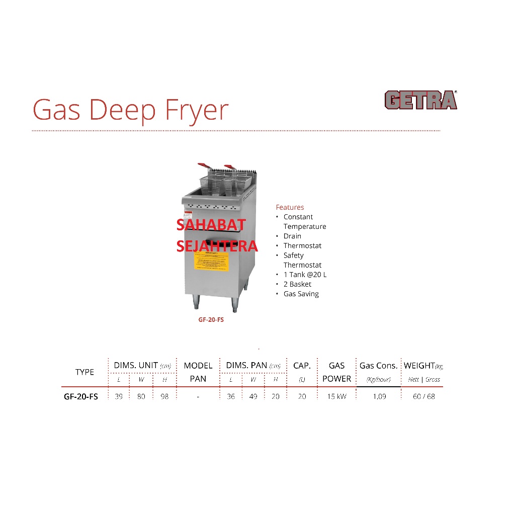 Jual GETRA Standing Gas Deep Fryer 1 Tank 2 Basket GF-20-FS Kapasitas ...