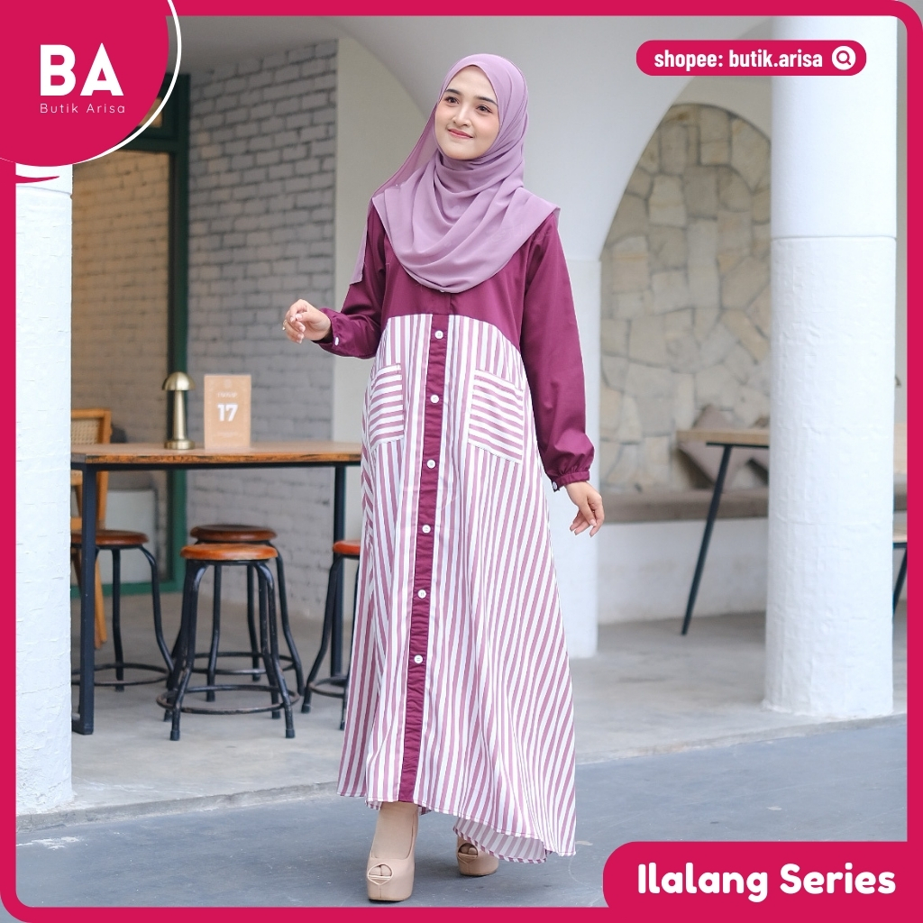 Jual Ilalang Dress Gamis Stripe Salur Terbaru Remaja Wanita Dewasa Polos Kombinasi Kekinian Baju ...