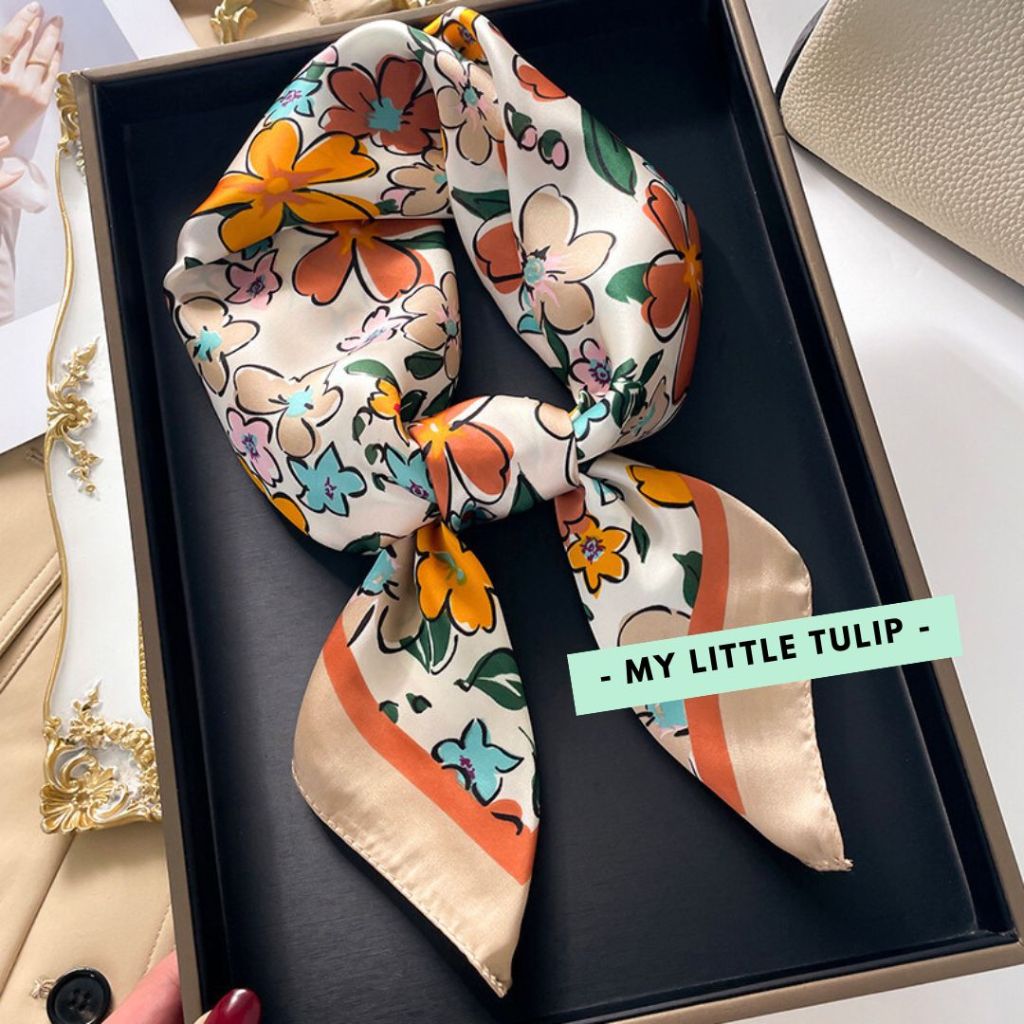 Jual Scarf Leher Wanita Motif Bunga / Syal 70x70cm / Syal Tas Headband ...