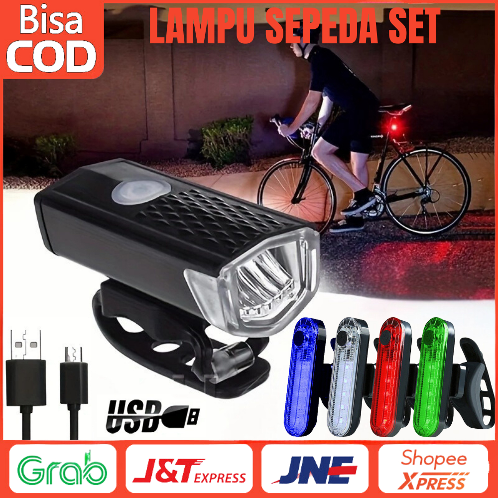 Jual Paket Lampu Sepeda Depan Belakang LED USB Rechargeable Anti Air ...