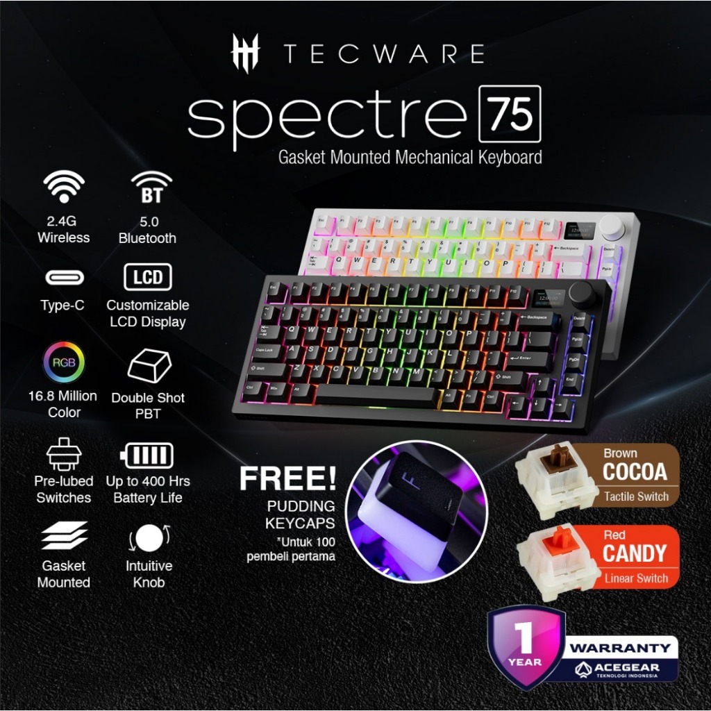 Jual TECWARE SPECTRE 75 3-Mode gasket mounted wireless gaming keyboard ...