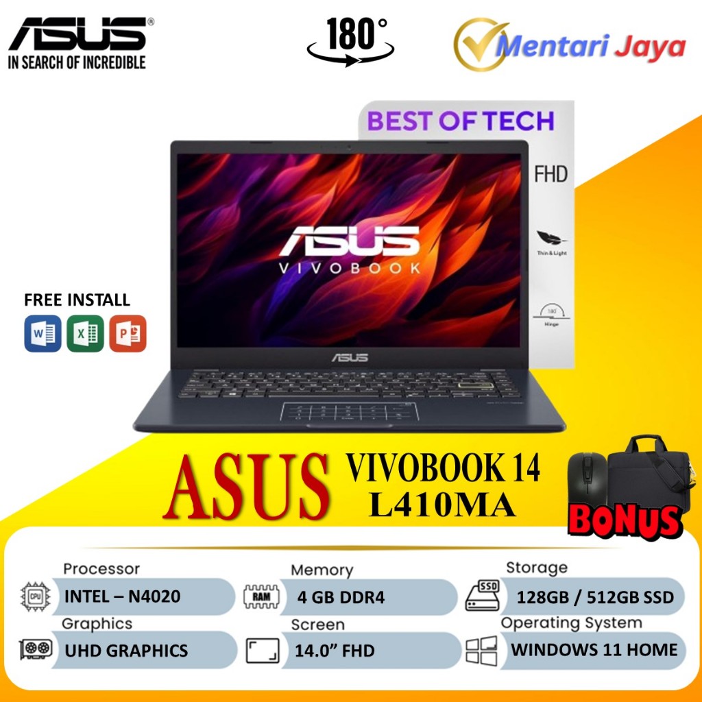 Jual Laptop Slim Ringan Asus Vivobook L410MA N4020 4GB 512GB 14"FHD W11 ...