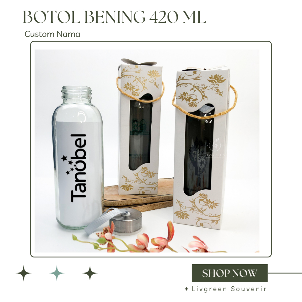 Jual Souvenir Corporate Botol Kaca Bening 420 ml Custom Nama Kemas Box ...