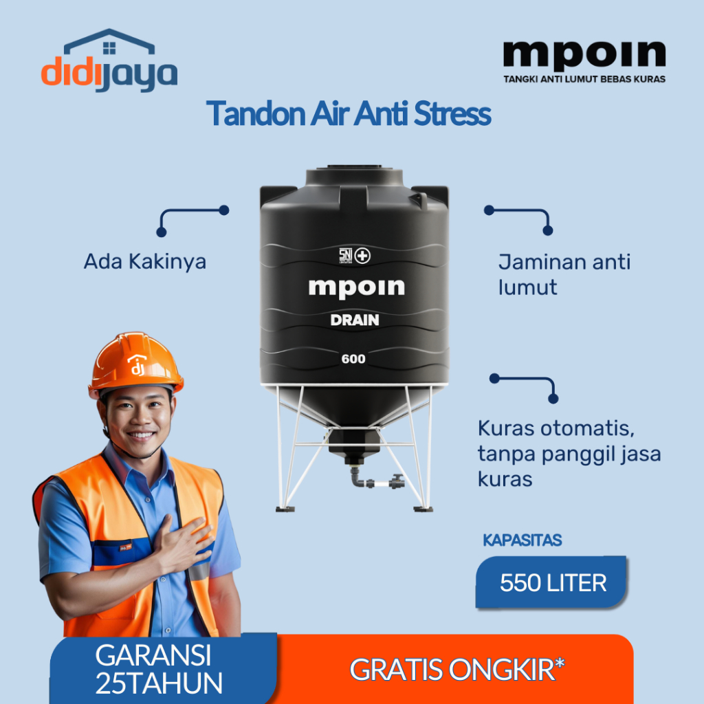 Jual Toren Tandon Air MPOIN Drain 600 Kapasitas 550 Liter Anti Bakteri ...