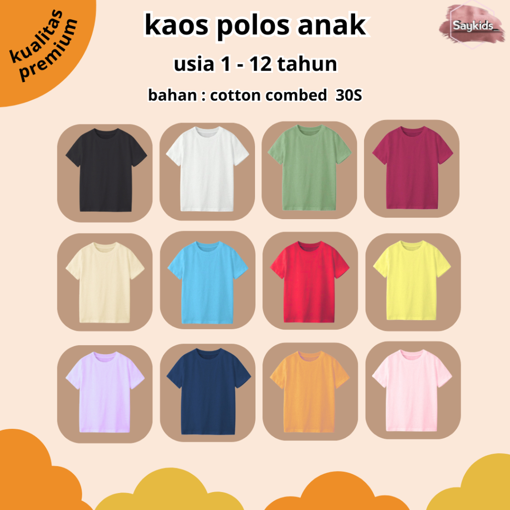 Jual KAOS POLOS ANAK LENGAN PENDEK COTTON COMBED 30S BAJU KAOS KIDS UMUR 1-12 TAHUN | Shopee ...