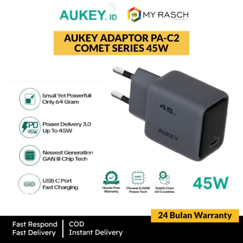 Jual AUKEY Charger Kepala Adaptor Comet 45W GaN III PD 3.0 PPS Type C Super Fast Charging PA-C2 ...