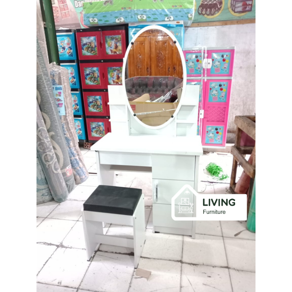 Jual Meja Rias Geser / Meja Rias Elegan / Meja Rias Kaca Sliding Putih Minimalis Plus Kursi ...