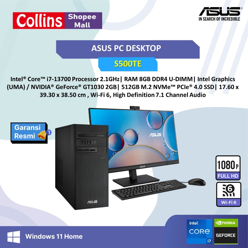 Jual ASUS PC DESKTOP S500TE I7 13700 GT1030 2GB/ 8GB 512GB W11 BLK ...