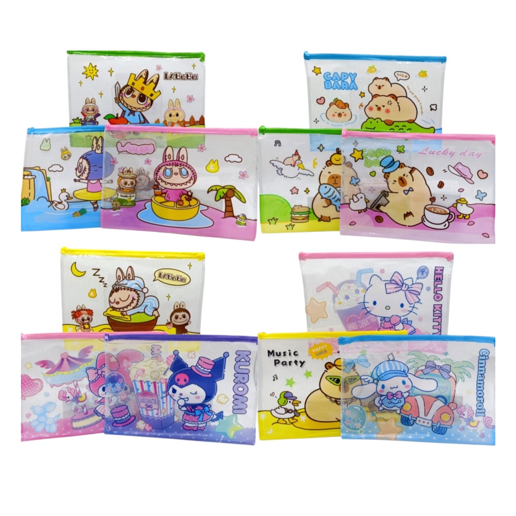 Jual (B6/A5/A4) DOCUMENT BAG JARING + PVC SANRIO LABUBU CAPYBARA / ZIPPER POUCH / MAP JARING ...