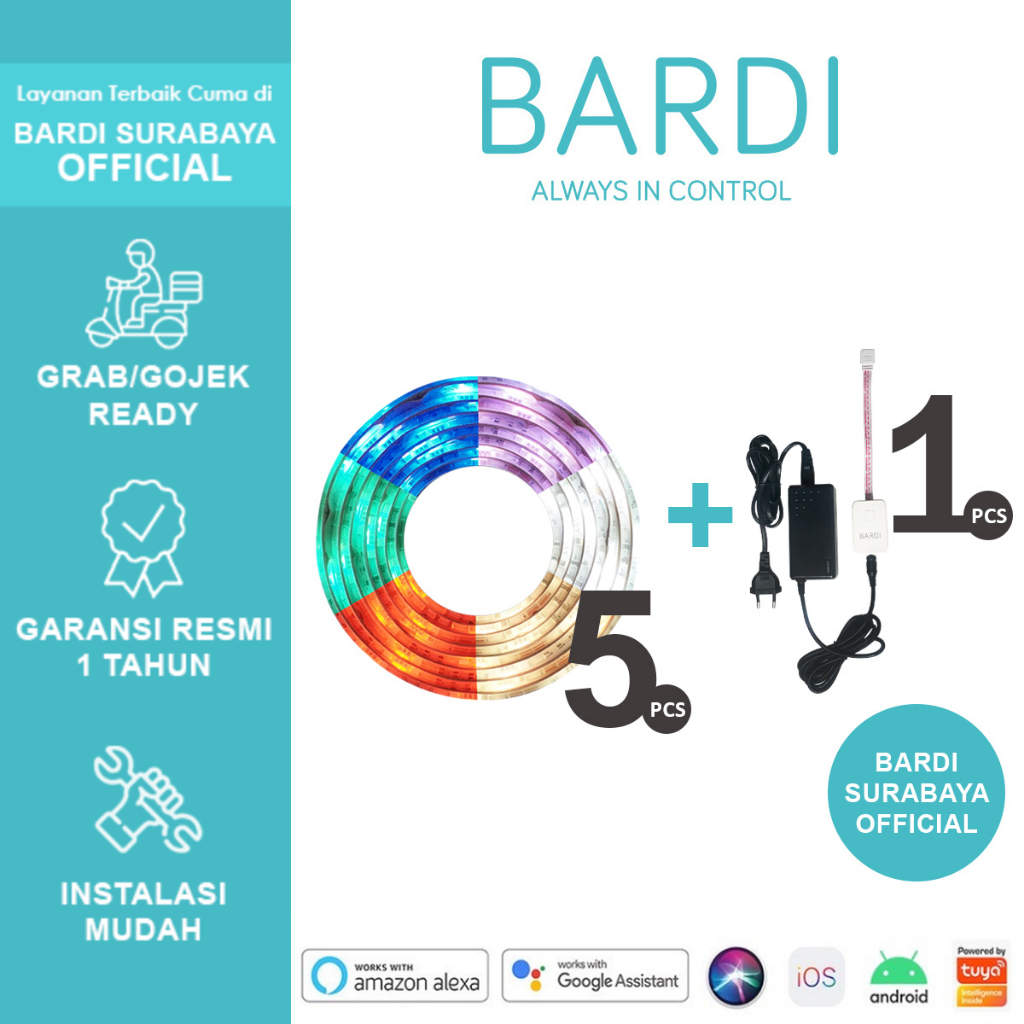 Jual [5 PCS] BARDI Smart LED Strip RGB+WW 2m & Adaptor 10m Lampu Pintar ...