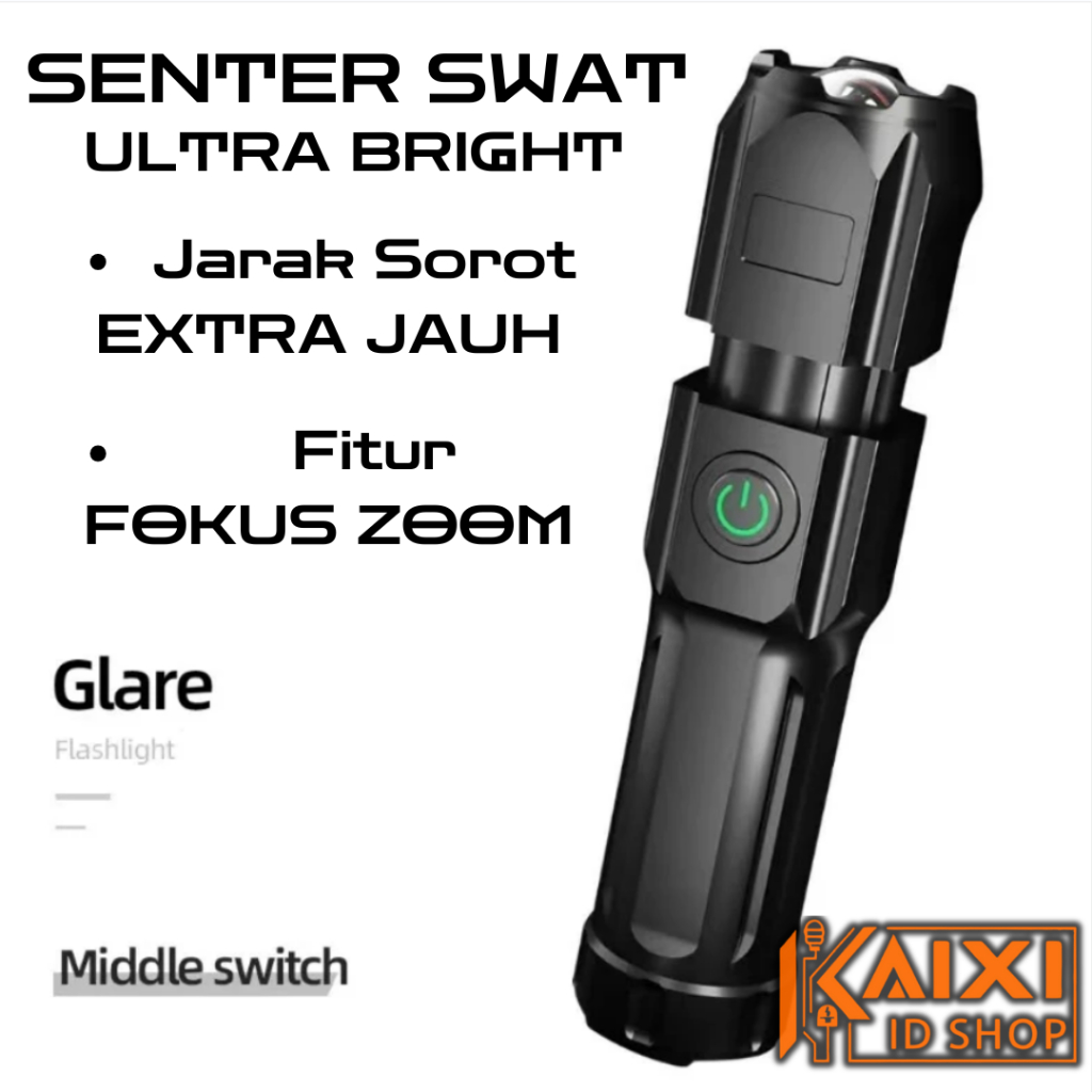 Jual SENTER LED SWAT Super Terang 36W | Fokus Zoom TORCH Light | USB Charging | Shopee Indonesia
