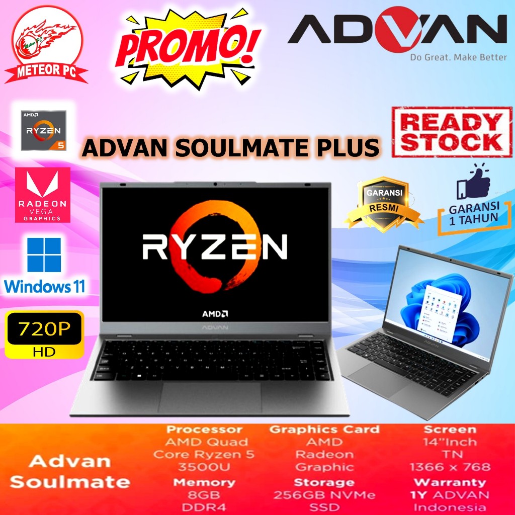 Jual Laptop Advan Soulmate Plus Ryzen 5 3500U ram 8/16GB SSD 512GB NVMe ...