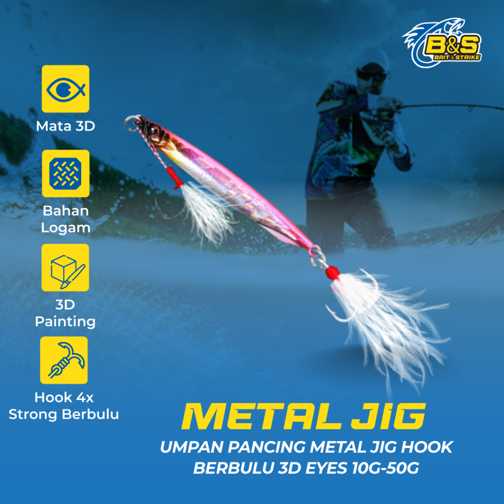 Jual Umpan Pancing Metal Jig 10g/15g/20g/30g/40g/50g metal jig hook berbulu 3D eyes MJ187 ...
