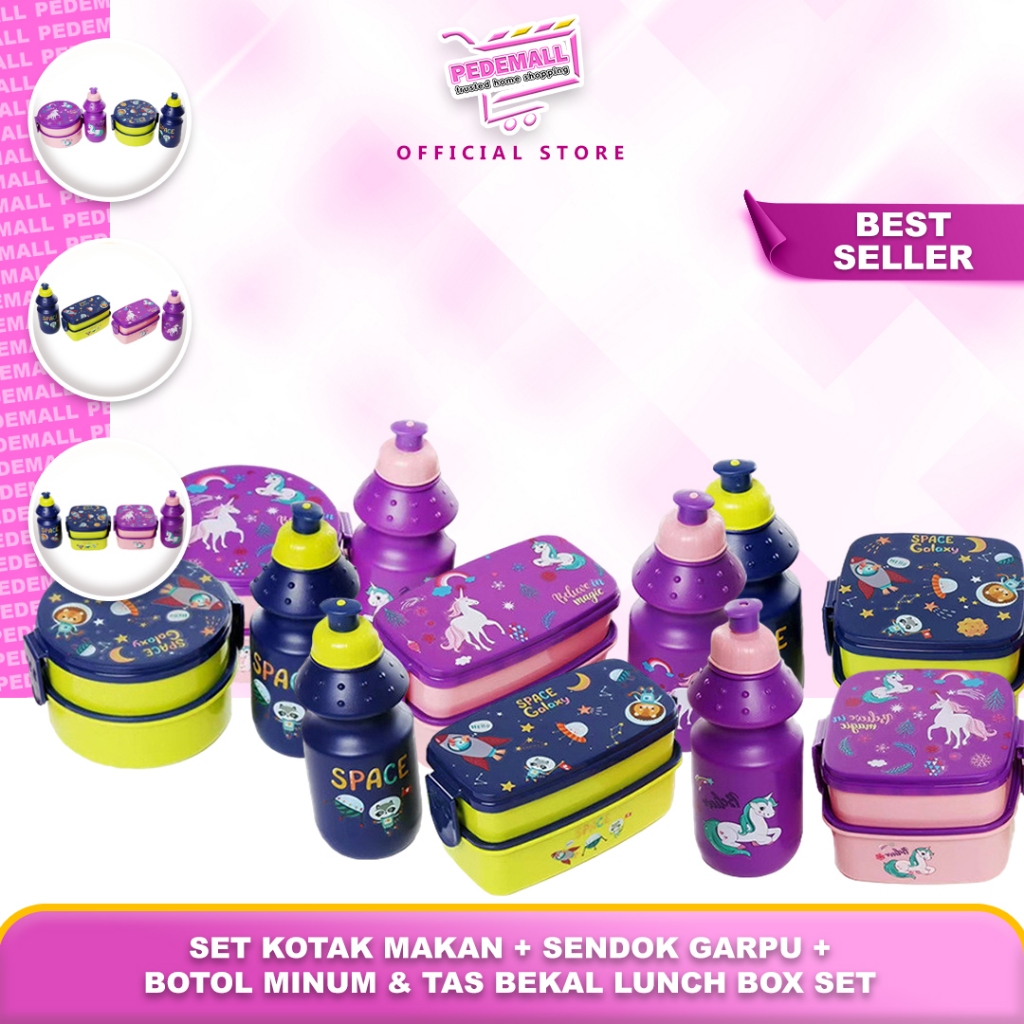 Jual Set Kotak Makan + Sendok Garpu + Botol Minum & Tas Bekal Lunch Box Set | Shopee Indonesia
