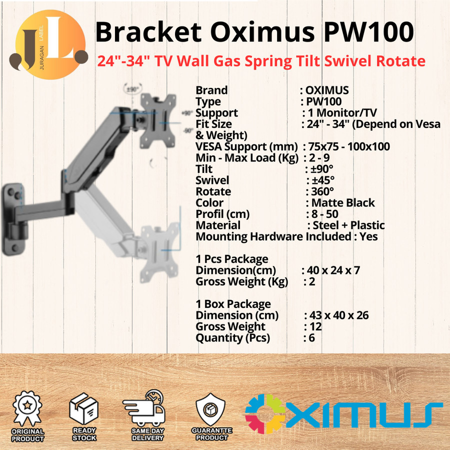 Jual Bracket Oximus PW100 24"-34" TV Wall Gas Spring Tilt Swivel Rotate ...