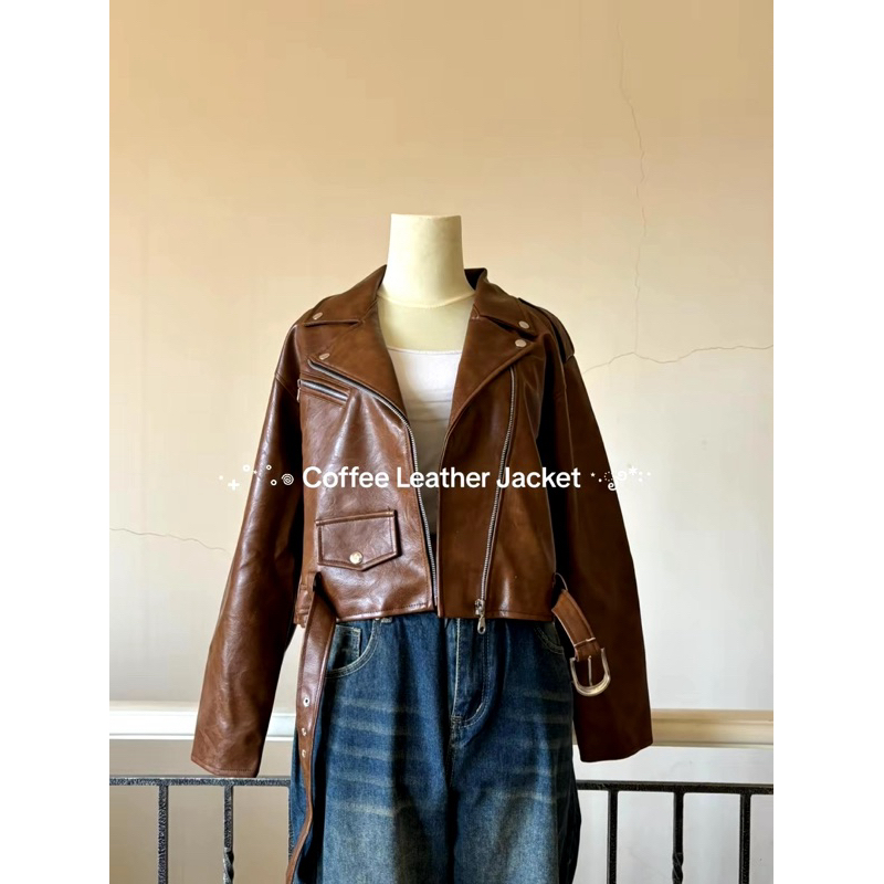 Jual brown leather jacket textured jaket kulit coklat ramones crop ...