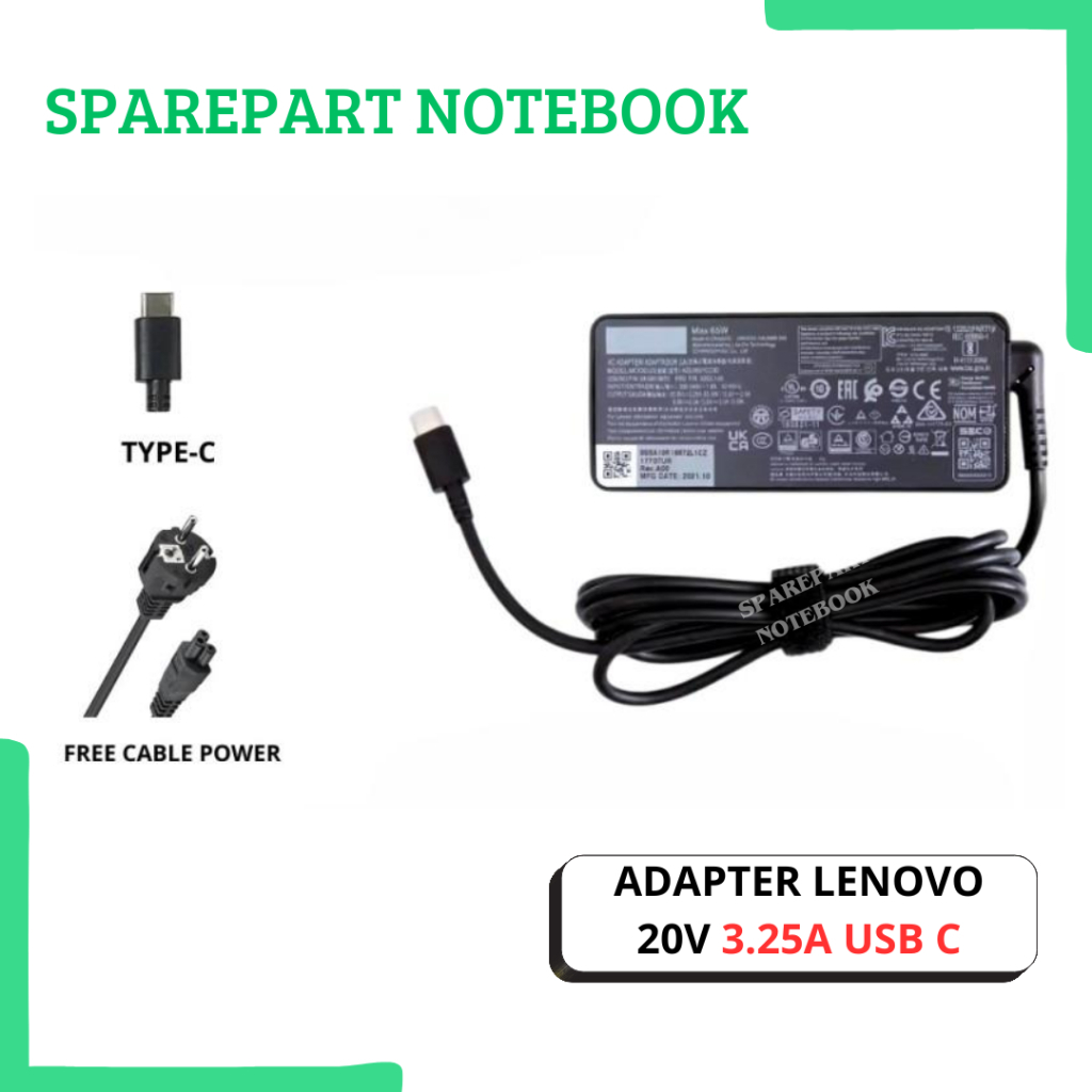 Jual Adapter for ThinkPad 20V 3.25A USB C TYPE C T480 T490 T580 ...