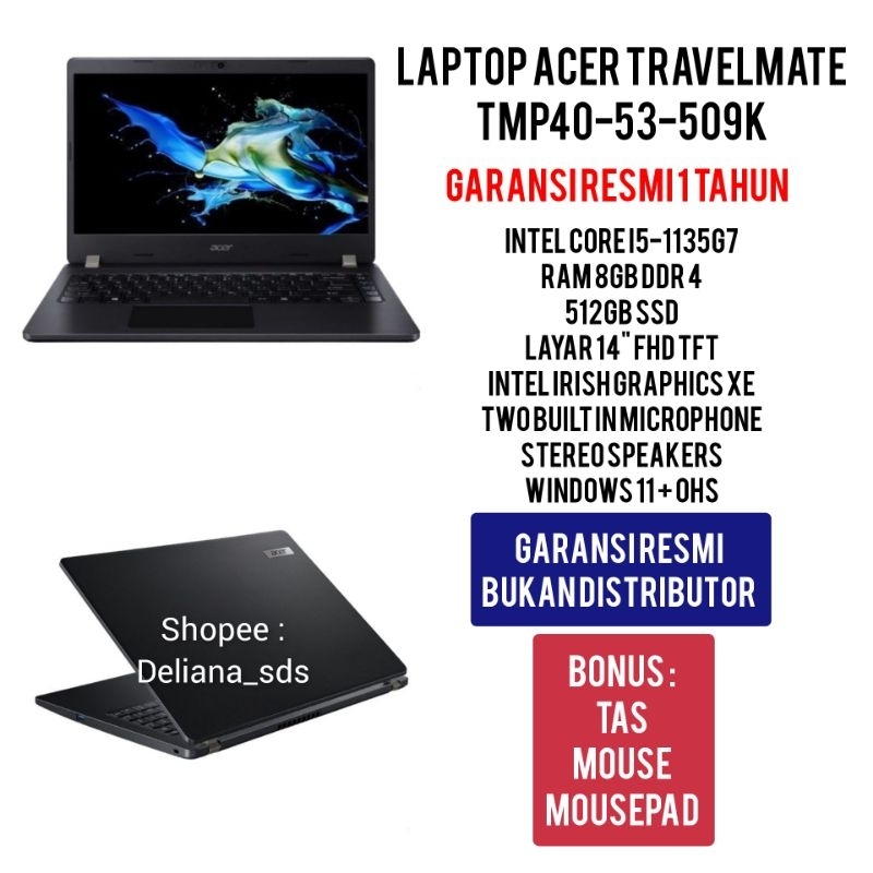 Jual Laptop Acer Travelmate TMP40-53-509K Intel Core i5-1135G7 8GB ...